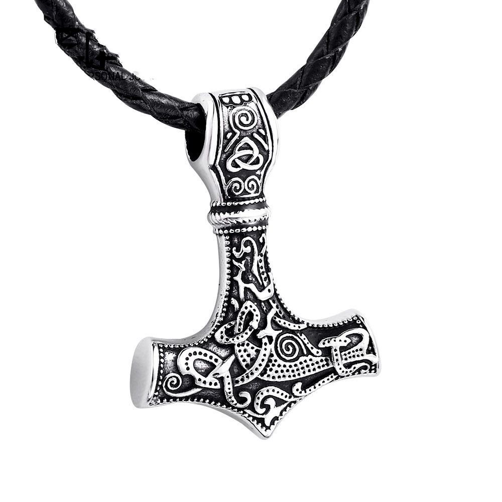 Yellow Chimes Silver Toned Thor's Hammer Mjolnir Braided Black Leather ...