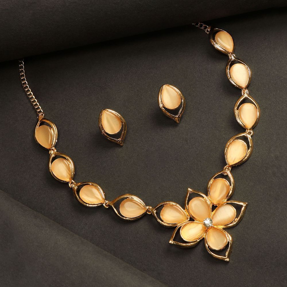 ACCESSHER Gold Plated Floral Studded Beige Necklace Set of 2 for Women