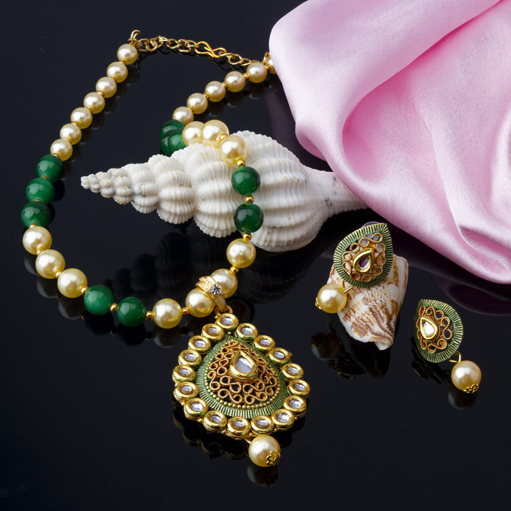Jewels Galaxy Women Green Cream-Coloured Gold-Plated Studded Beaded ...