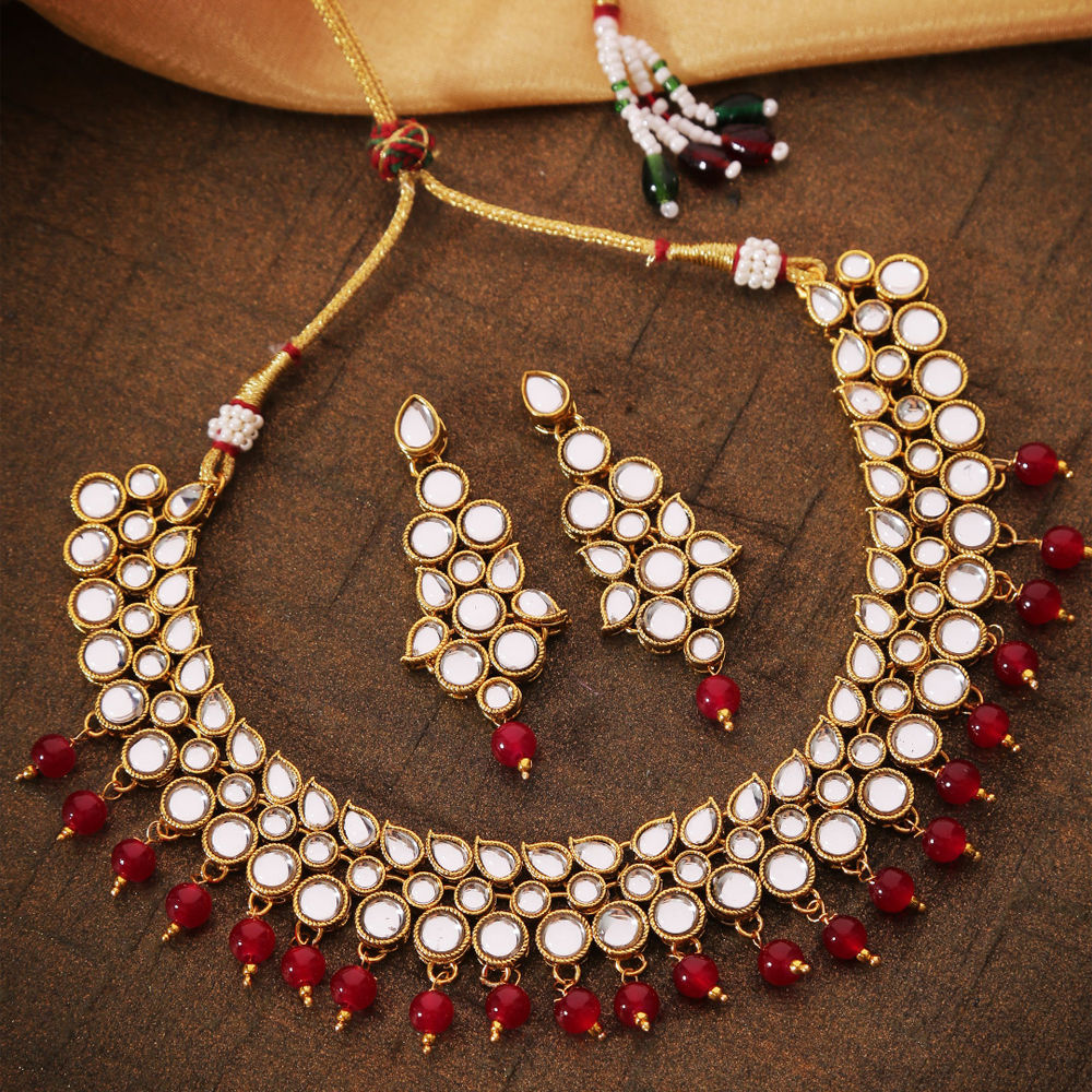 Jewels Galaxy Maroon Gold-Plated Stone-Studded Beaded Jewellery Set