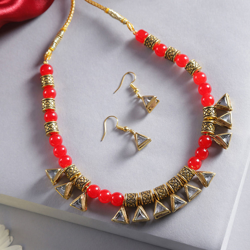 Jewels Galaxy Red Gold-Plated Stone-Studded Beaded Jewellery Set