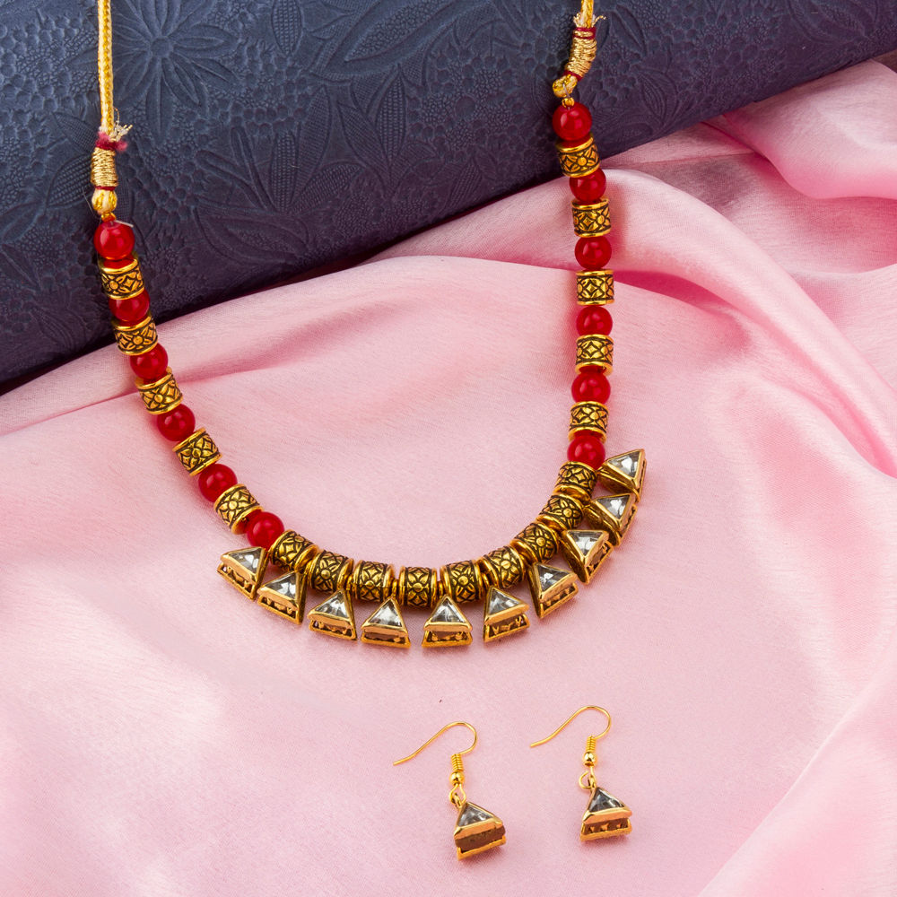 Jewels Galaxy Red Antique Gold-Plated Stone-Studded Beaded Jewellery Set
