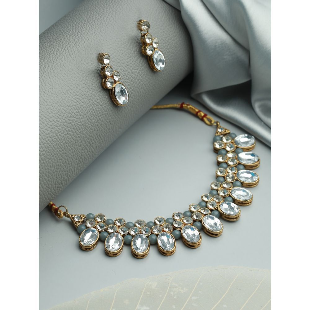 Jazz And Sizzle Gold-Plated Grey Pearl & Crystal Studded Jewellery Set