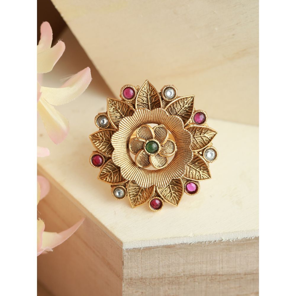 Jazz And Sizzle Gold-Plated Pink & White Stone Studded Antique Finger Ring