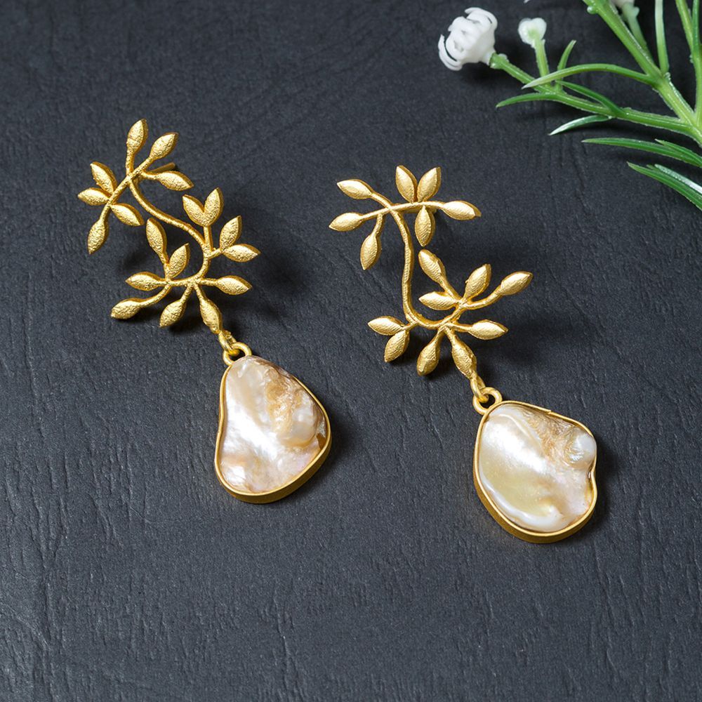 Golden Peacock Gold-Toned & Stone-Studded Leaf Shaped Classic Drop Earrings