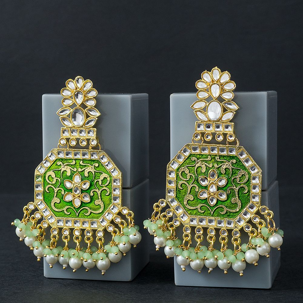 Golden Peacock Green & Gold-Toned Floral Drop Earrings