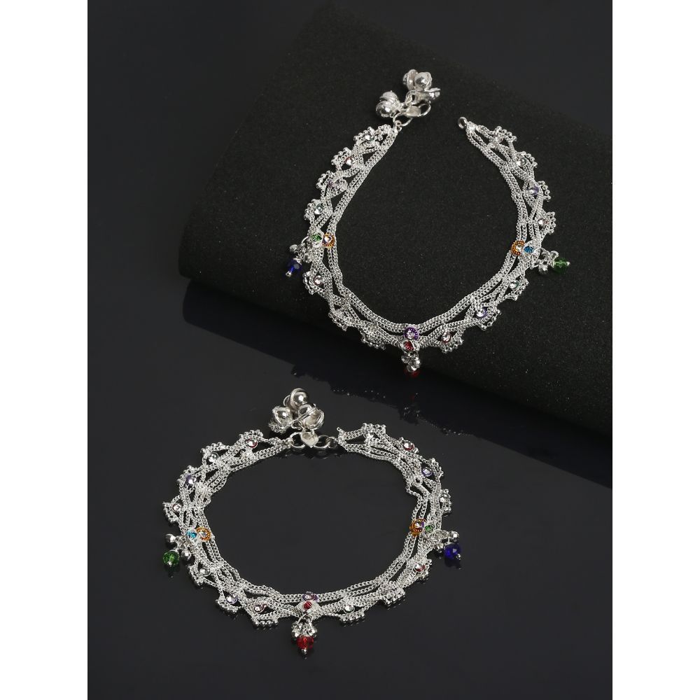 YouBella Set Of 2 Silver-Plated Multi-Colored Beaded Anklet