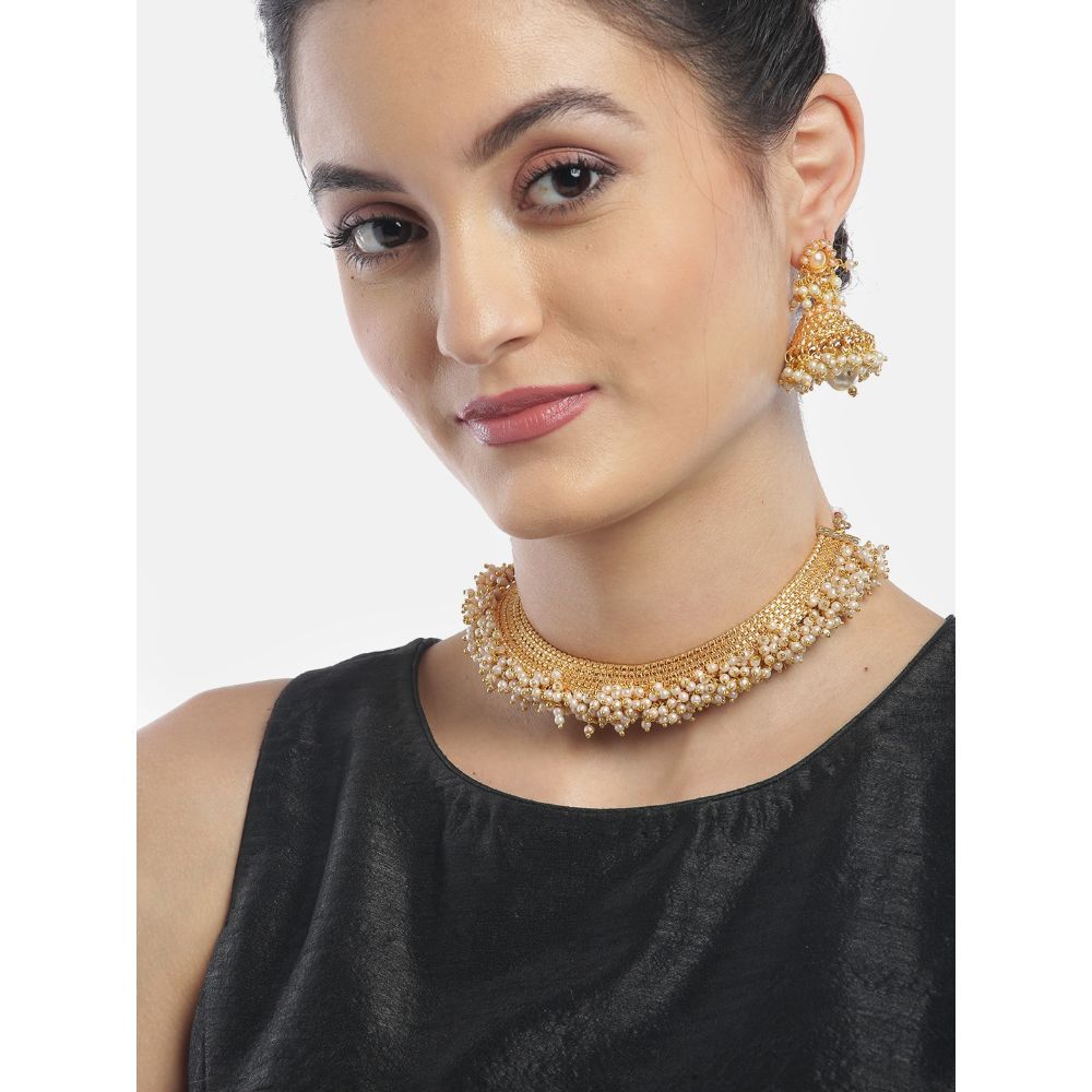 YouBella Off-White Gold Plated Textured Beaded Jewellery Set