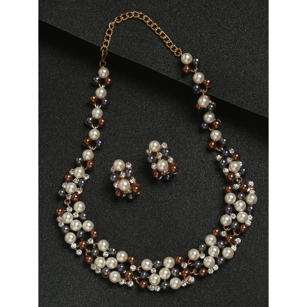 YouBella Gold-Plated Brown & White Stone-Studded Jewellery Set