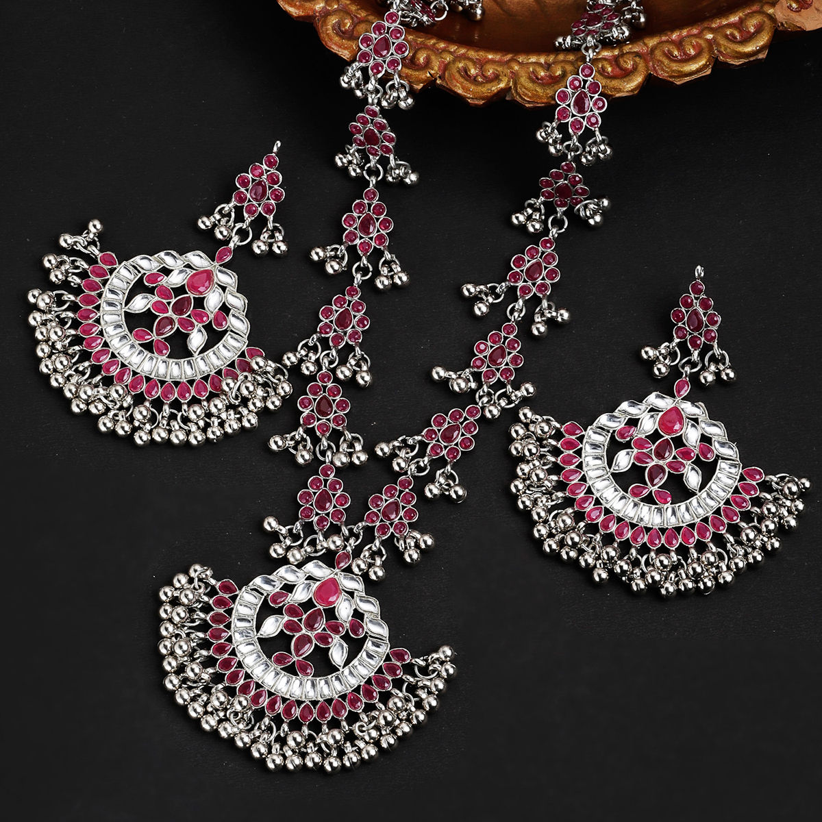 Karatcart Oxidised Silver Ruby Red Kundan Studded Antique Rani Haar ...