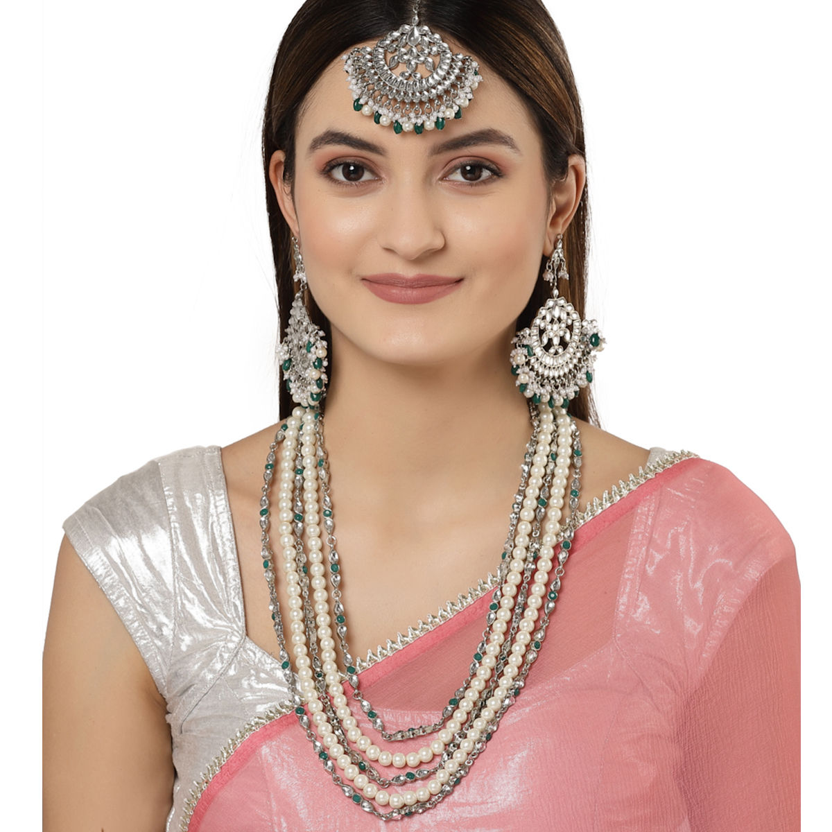 Karatcart Oxidised Silver Pearl Green Kundan Multilayered Rani Haar ...