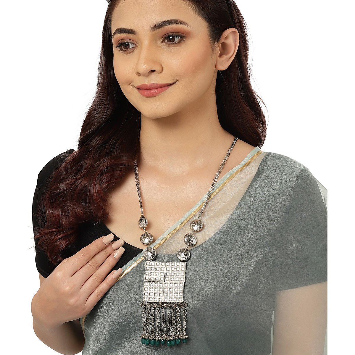 Karatcart Oxidised Silver Green Tumble Kundan Long Rani Haar Necklace ...