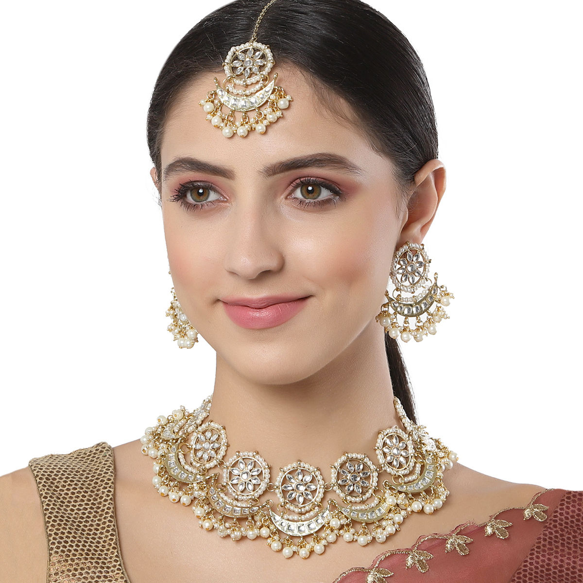 Karatcart Gold Plated white Plearl Chand Shape Kundan Necklace Set for ...
