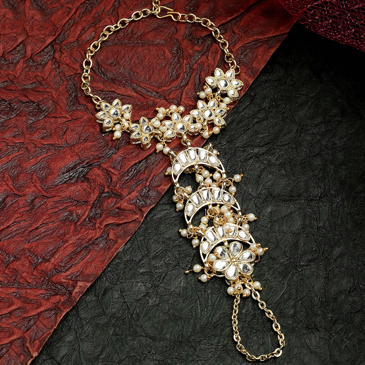 Karacart Gold Plated Pearl and Moon Shape Kundan Hathphool for Women