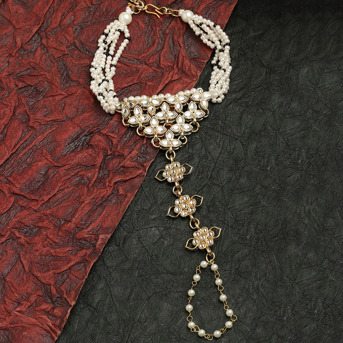 Karacart Gold Plated Pearl Beaded Kundan Hathphool for Women