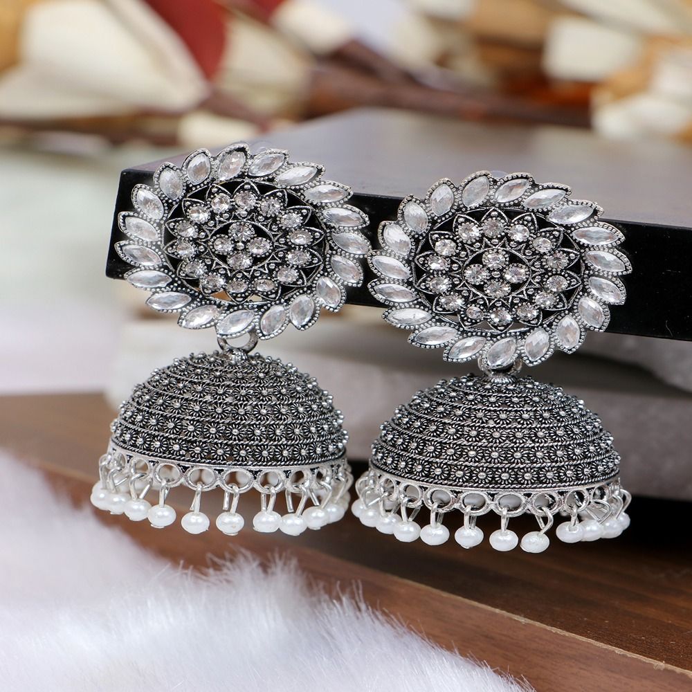 Crunchy Fashion Traditional Silver Kundan Jhumki With White Pearl ...