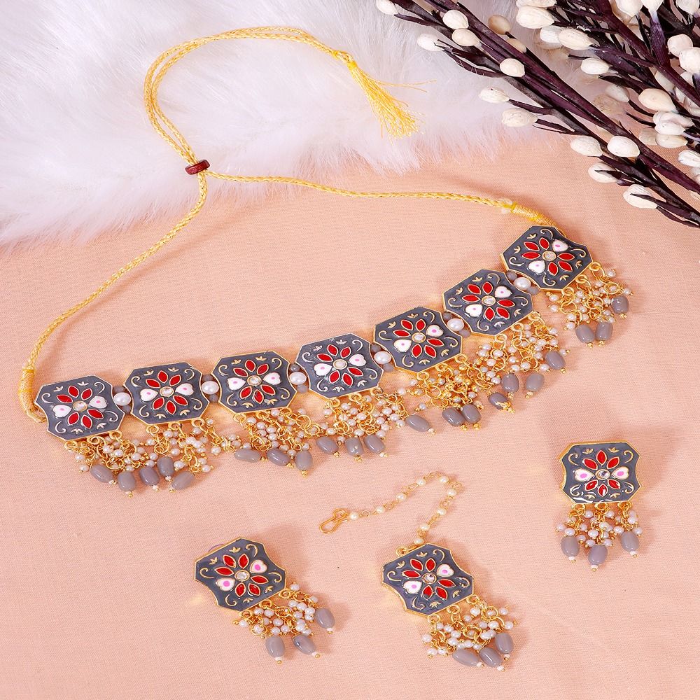 Crunchy Fashion Crunchy Fashion Indian Gold-Plated Grey Meenakari ...