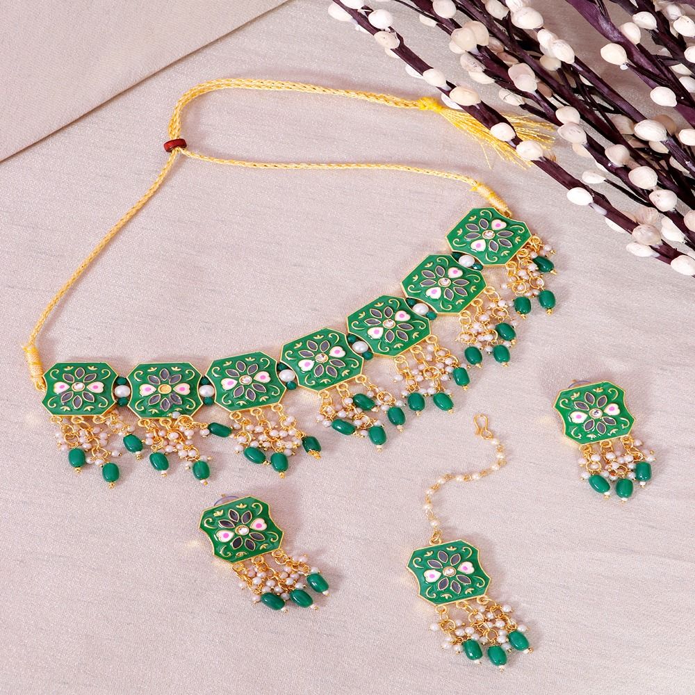 Crunchy Fashion Crunchy Fashion Indian Gold-Plated Green Meenakari ...