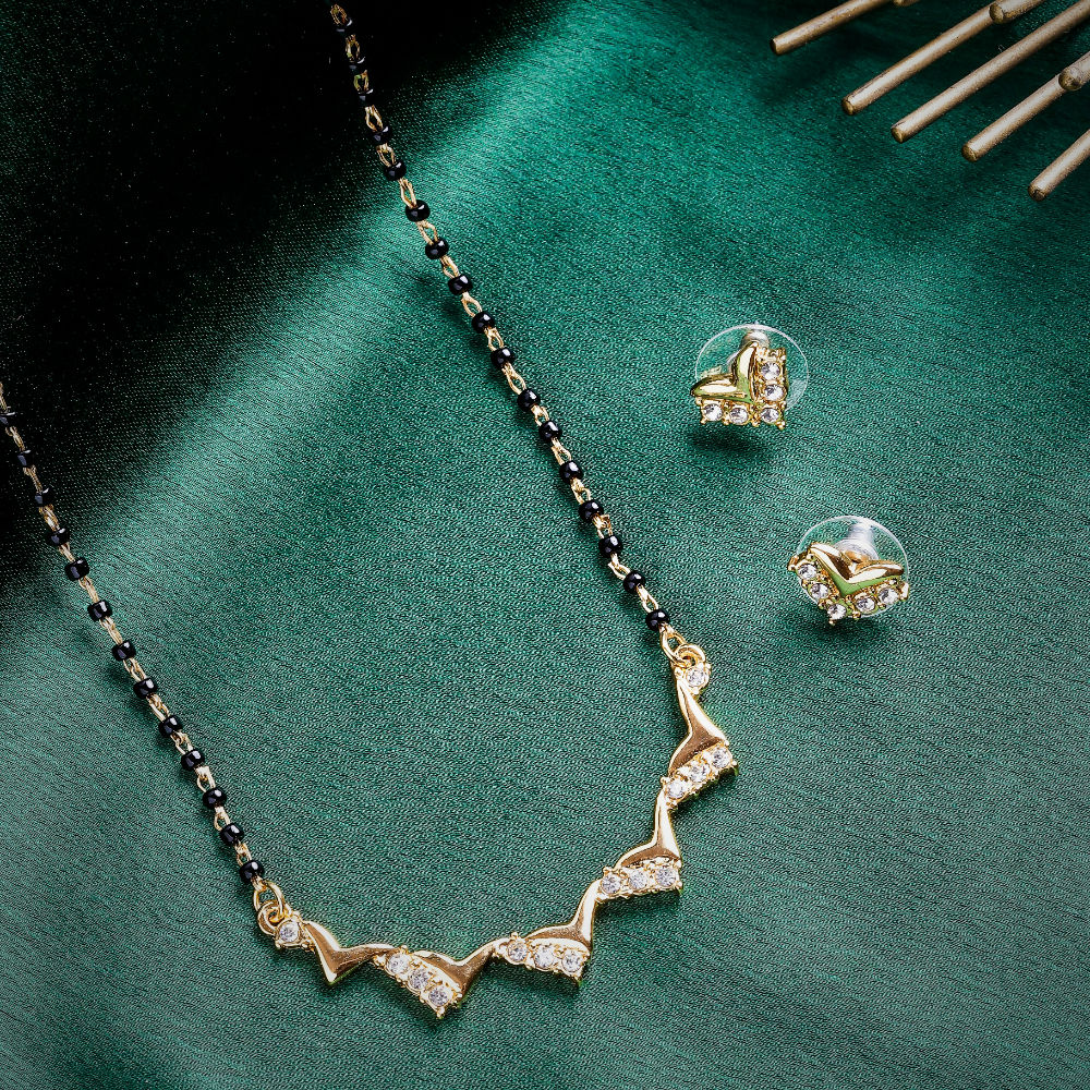 Estele Women Gold Plated Zig-Zag Textured Mangalsutra Necklace Set With Austrian Crystals