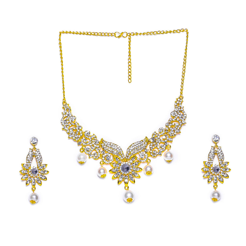 Estele Gold & Rhodium Plated Designer Pearl Drop Jewellery Set with ...