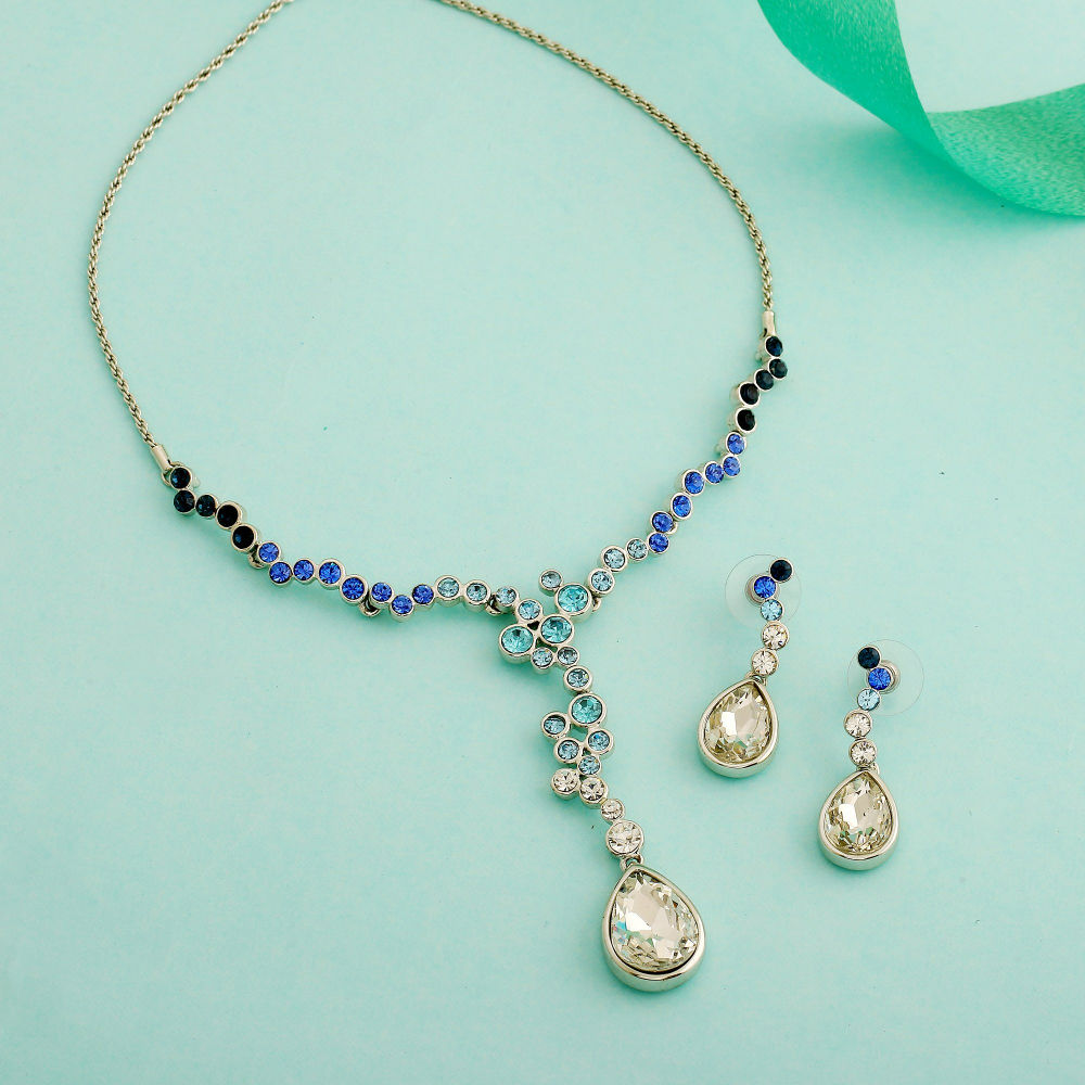 Estele Rhodium Plated Trickling Rain Drop Necklace Set for Women