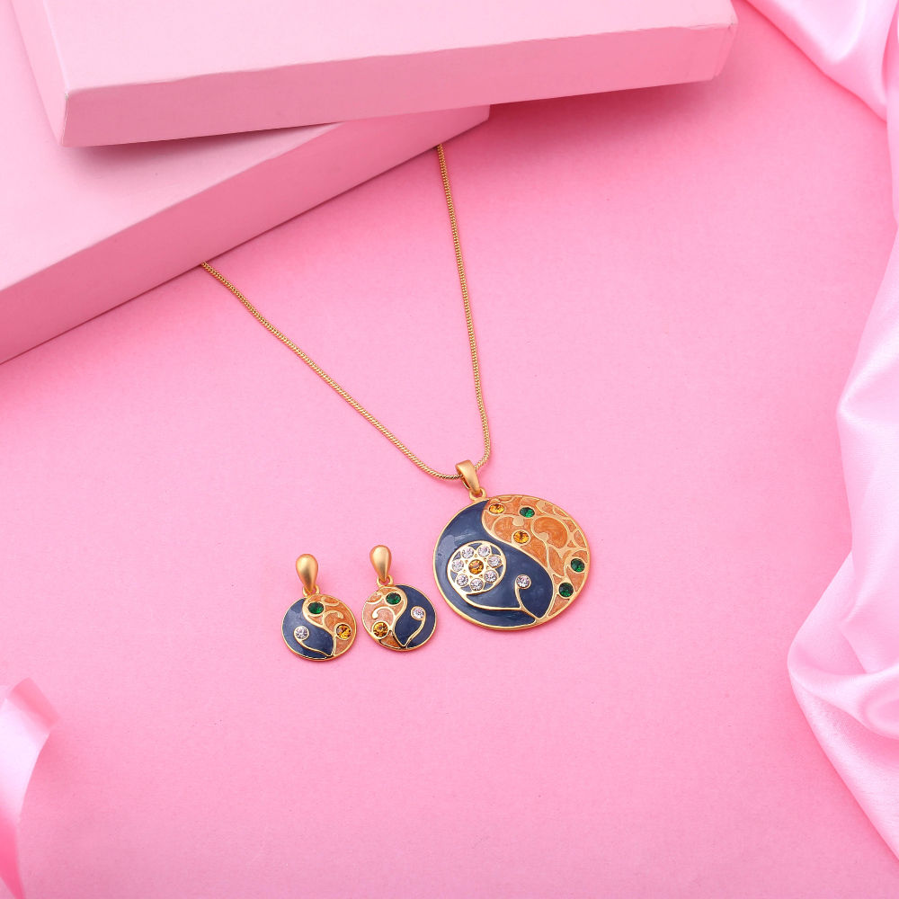 Estele Gold Plated Circular Designer Pendant Set with Crystals for Women