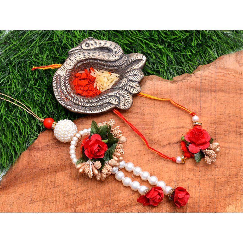 Silvermerc Red & White Pearl Flower Rakhi & Lumba Set