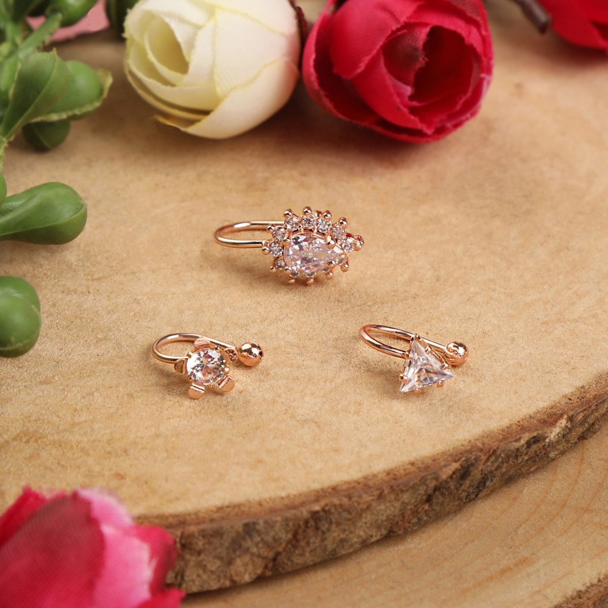 Accesher Pack Of 3 Rose Gold Plated Studded With White American Diamond ...