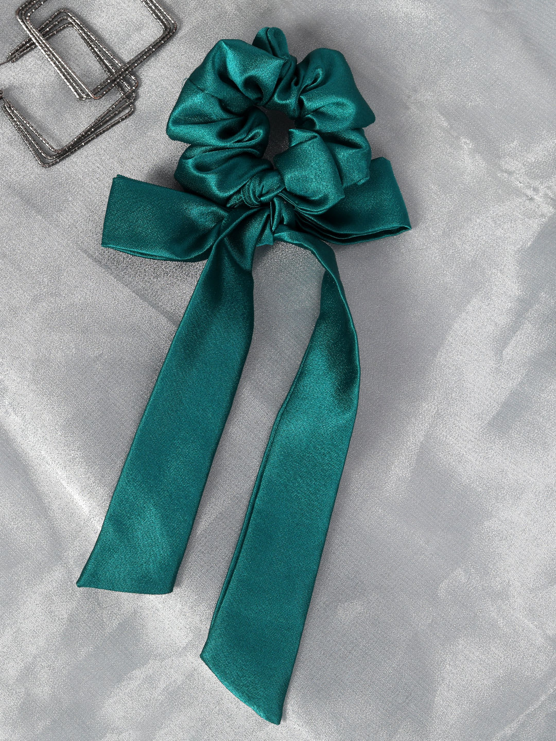 Satin Hair Ribbon Scrunchie in Emerald Green