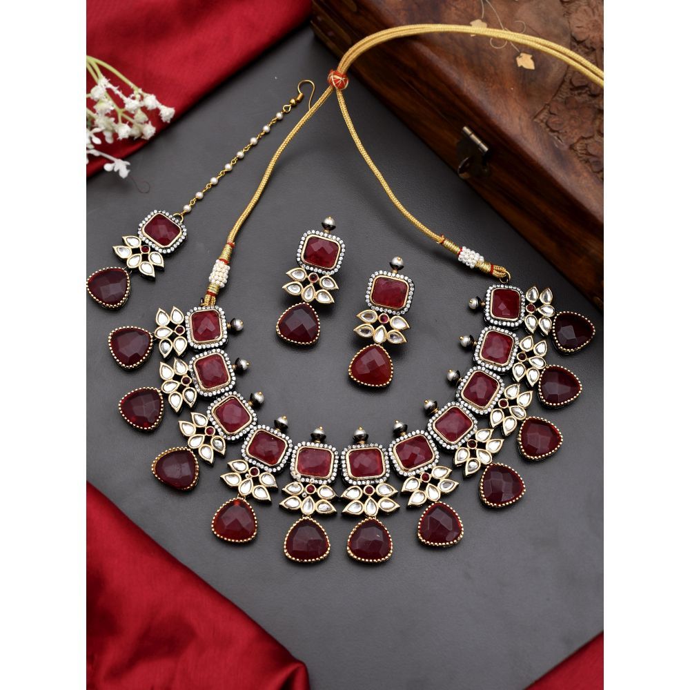 Silvermerc Designs Gold Plated Red & Kundan Beaded Studded Jewelry Set