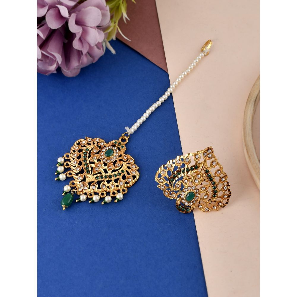 Silvermerc Designs Combo of gold plated meenkari Maang tikka and ring.
