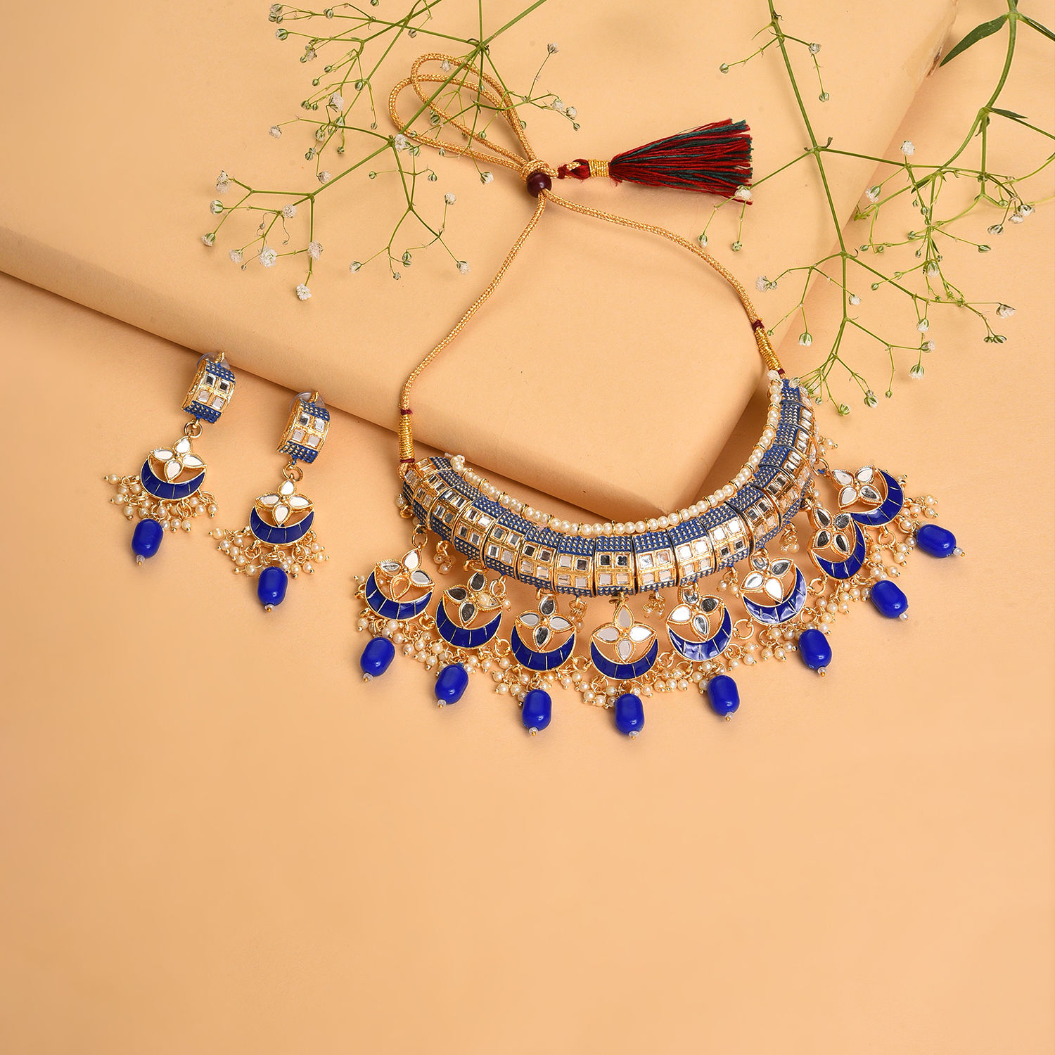 SOHI Gold -Plated Blue Stone Studded Beaded Jewellery Set