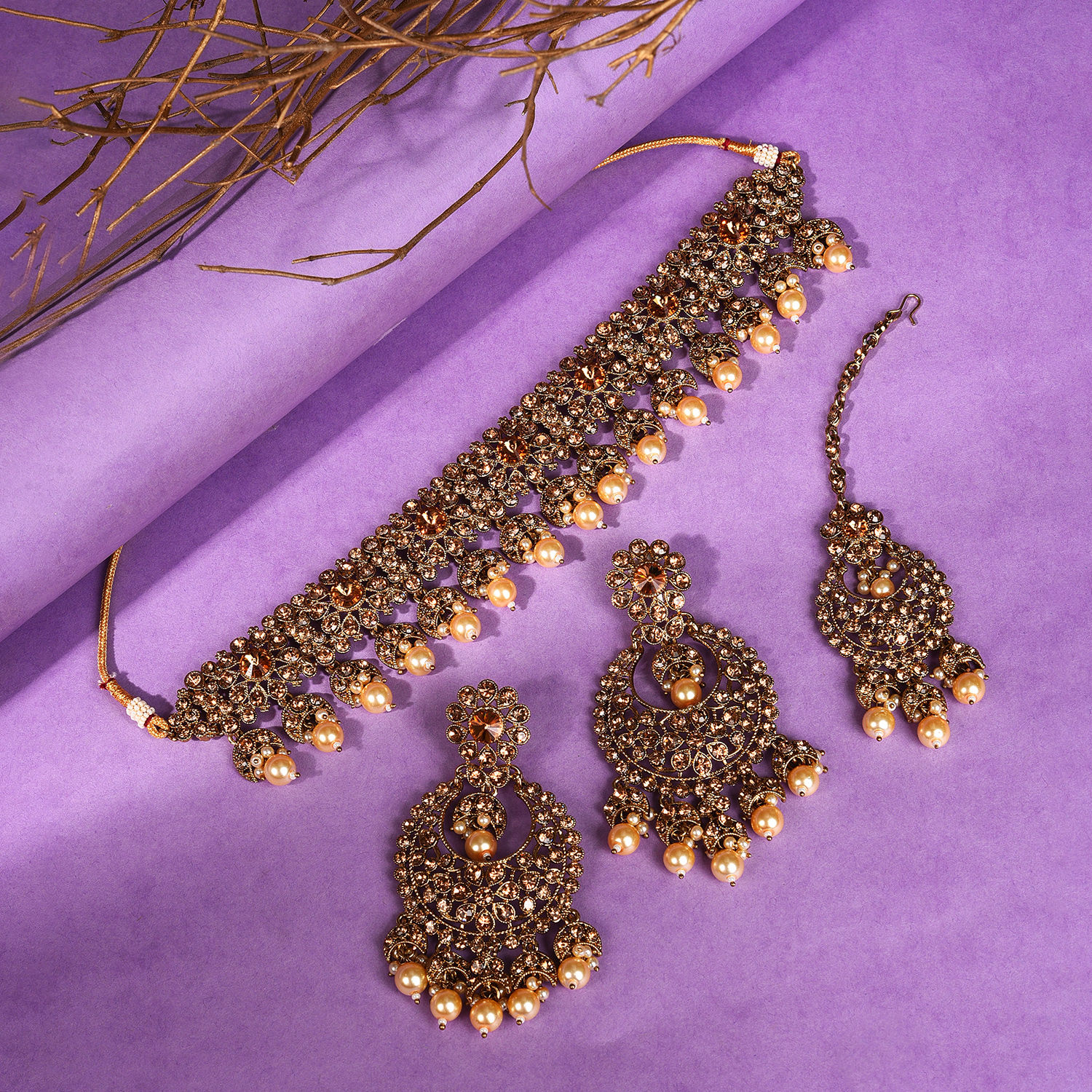 SOHI Gold-Plated Stone Studded Pearl Beaded Jewellery Set