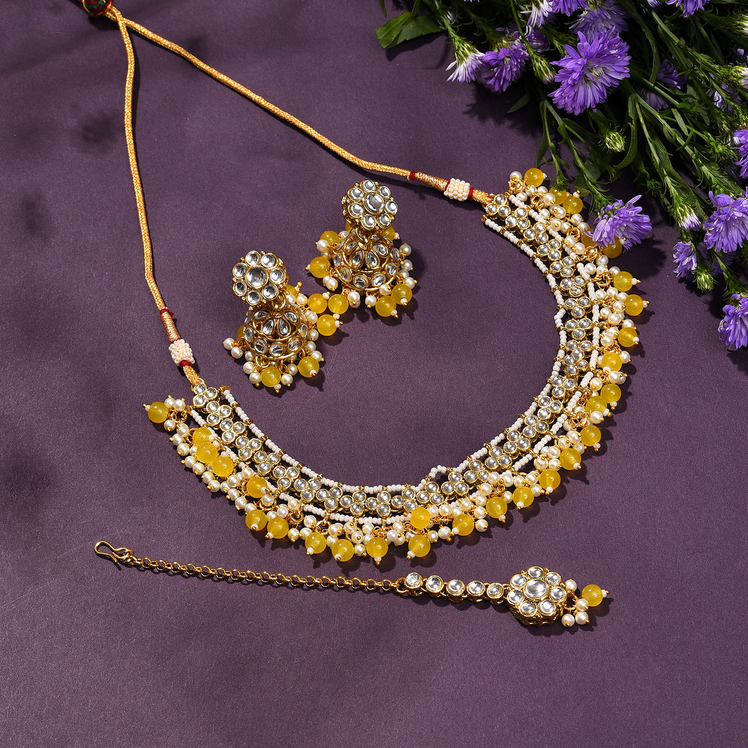 SOHI Gold-Plated Yellow White Stone-Studded Jewellery Set