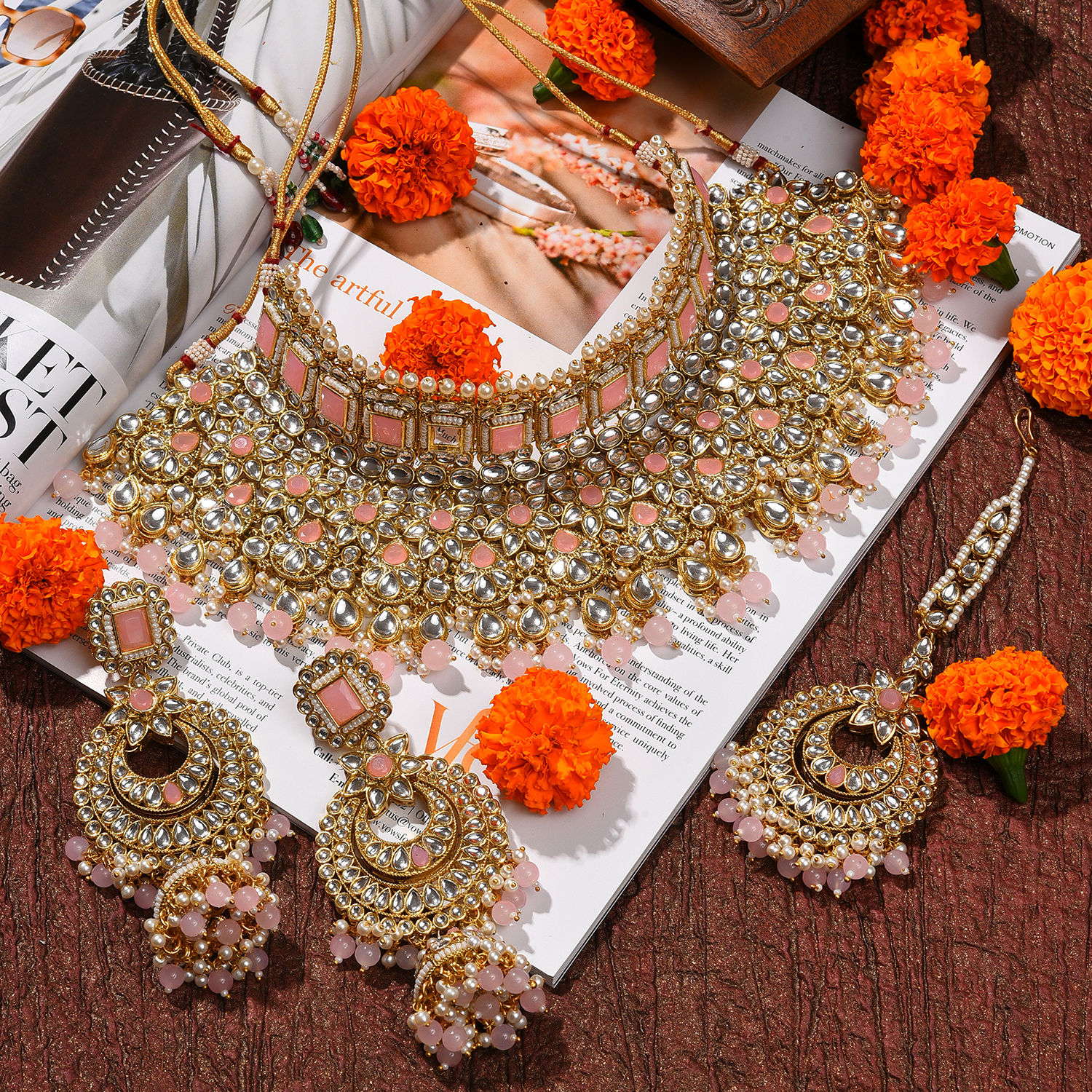 SOHI Gold-Plated White Orange Stone Studded-Studded Beaded Jewellery Set