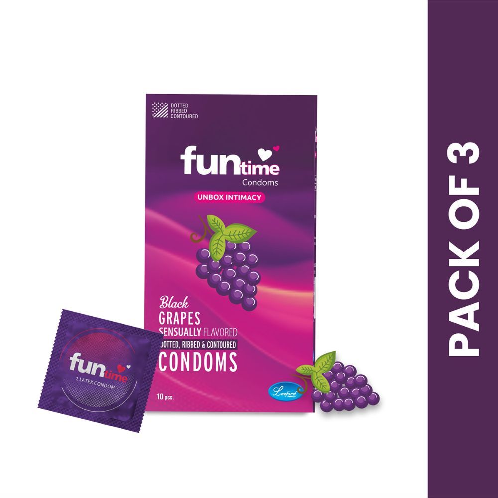 Funtime Black Grapes Flavored Lubricated Dotted, Ribbed and contoured Condom For Men Combo ...