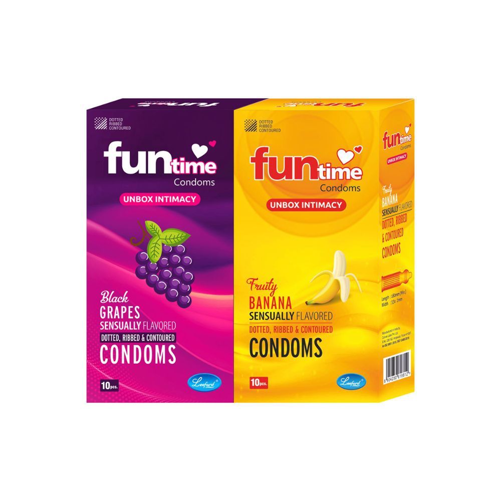 Funtime Condoms Combo, Banana and Black Grapes Flavored For Men Combo - Count 10, Pack of 4