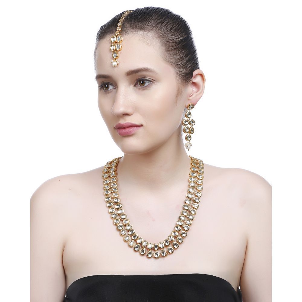 Bamboo Tree Jewels Kundan Necklace Earring And Maang Tika Set Gold Color