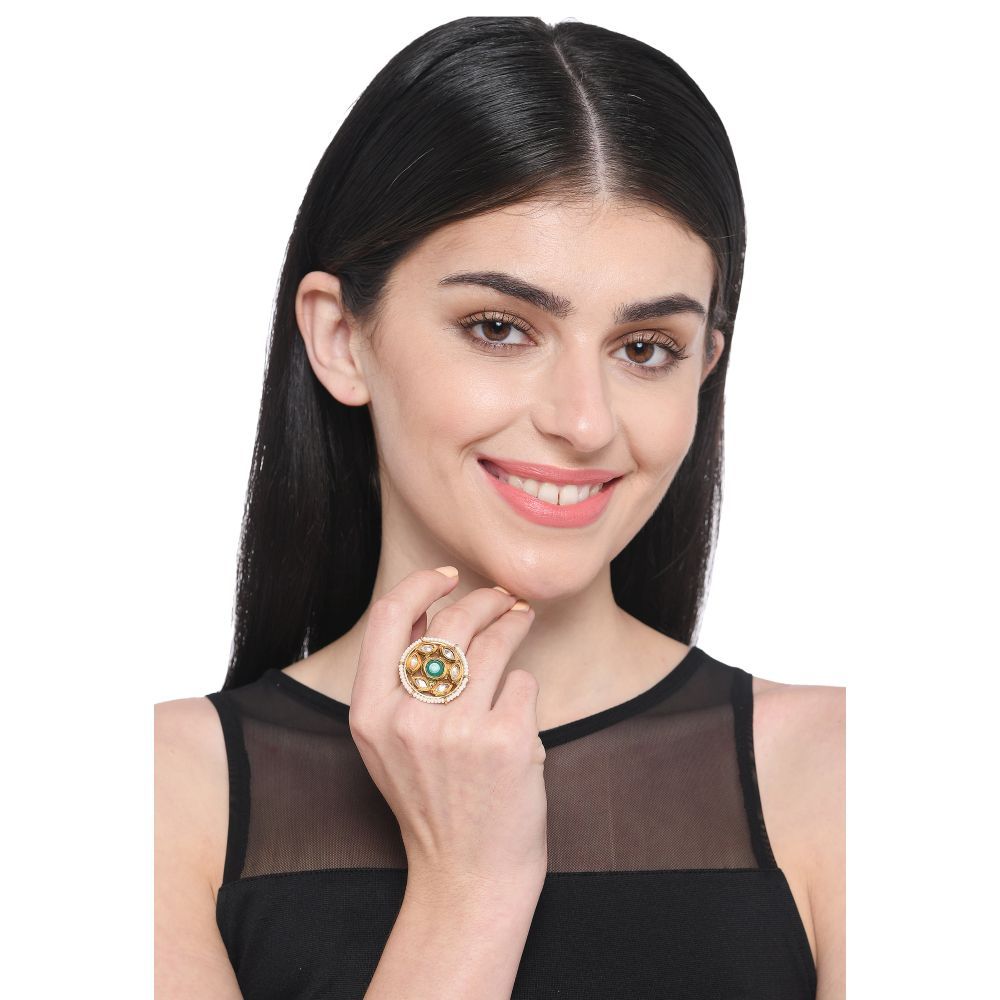 Bamboo Tree Jewels Green Stone Kundan Adjustable Finger Ring