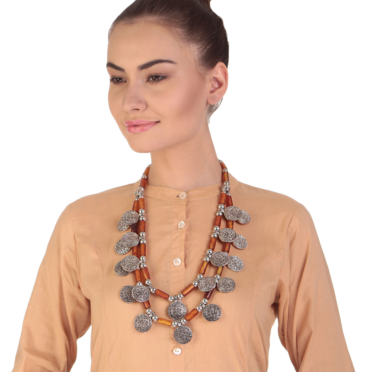Bamboo Tree Jewels Orange & Silver Toned Beads Necklace