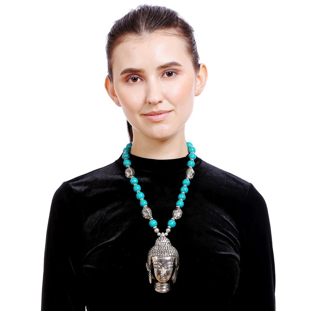Bamboo Tree Jewels Buddha Design Blue & Silver Color Beads Long Necklace