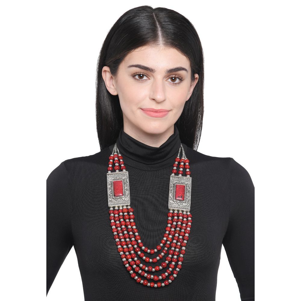 Bamboo Tree Jewels Maroon & Silver Color Beads Long Necklace