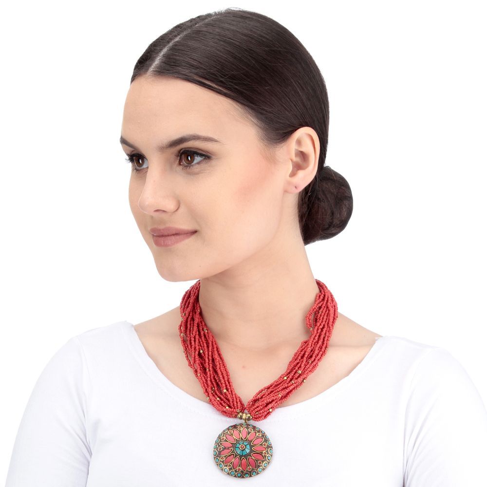 Bamboo Tree Jewels Red & Green Color Beaded Thread Necklace