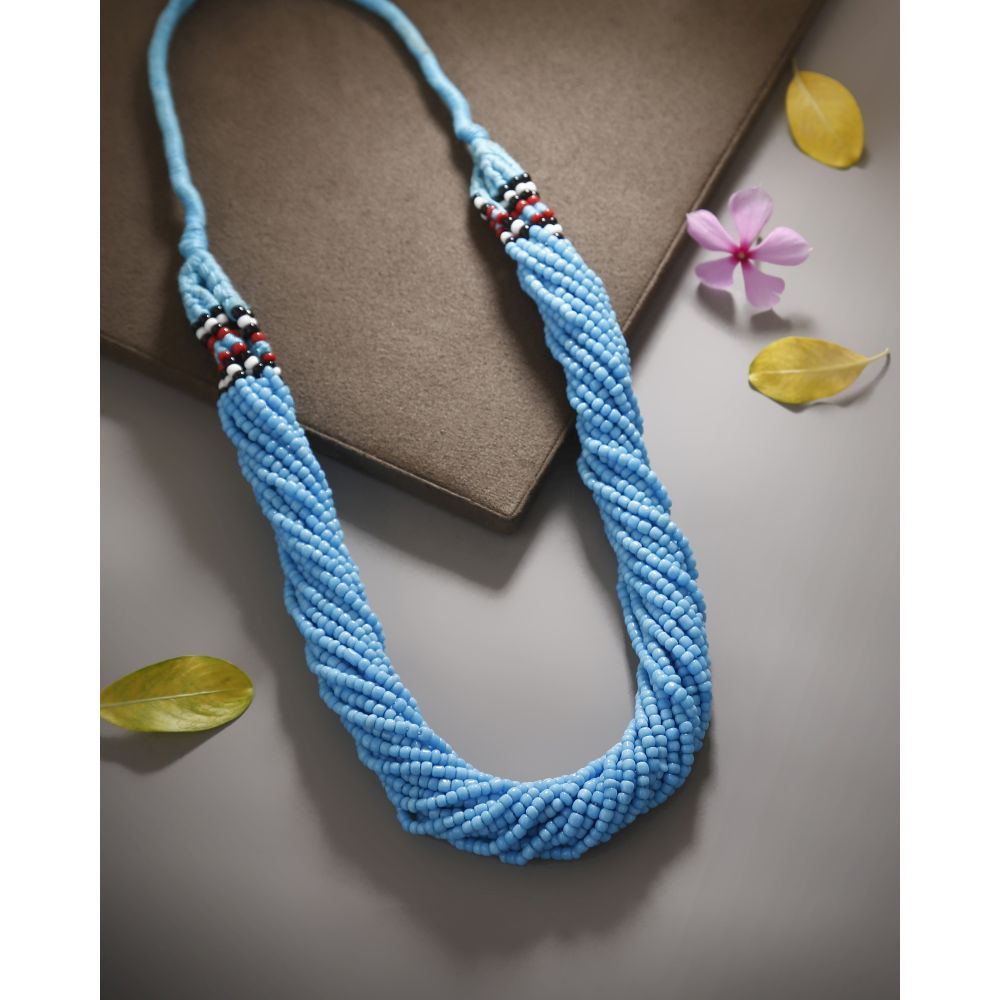 Bamboo Tree Jewels Aqua Blue Color Beaded Thread Long Necklace