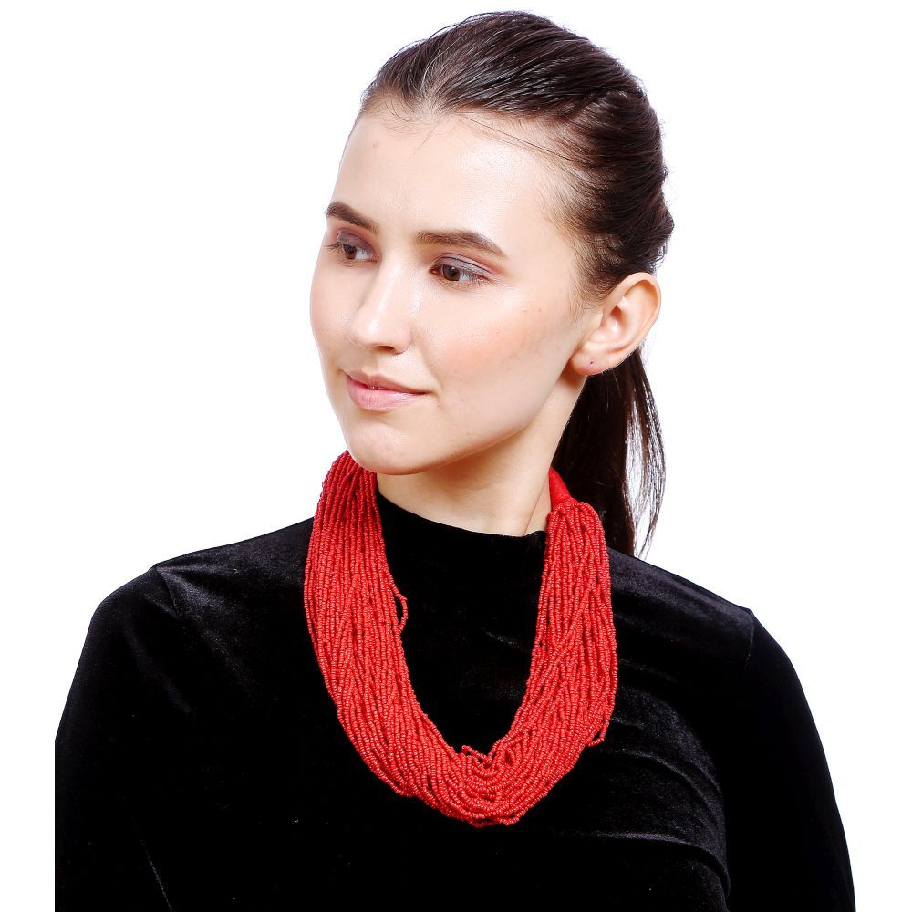Bamboo Tree Jewels Red Color Beaded Thread Necklace