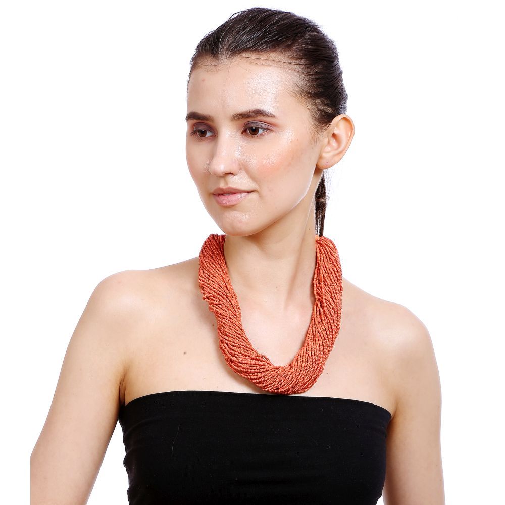 Bamboo Tree Jewels Orange Color Beaded Thread Necklace