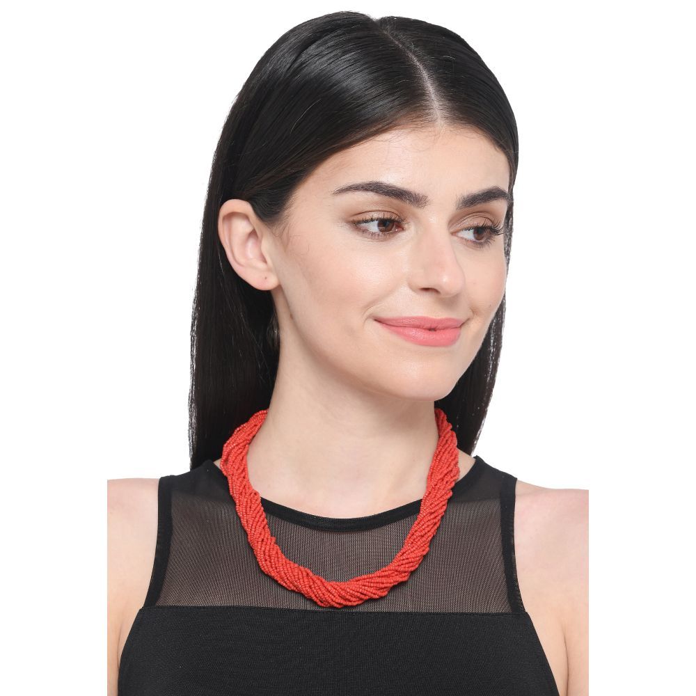 Bamboo Tree Jewels Red Color Beaded Thread Necklace