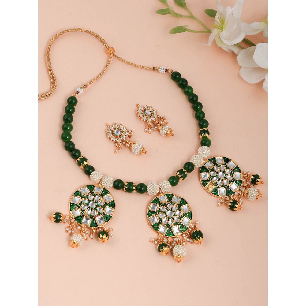 Silvermerc Green Meenakari Pearl Beads Rajasthani Jewellery set