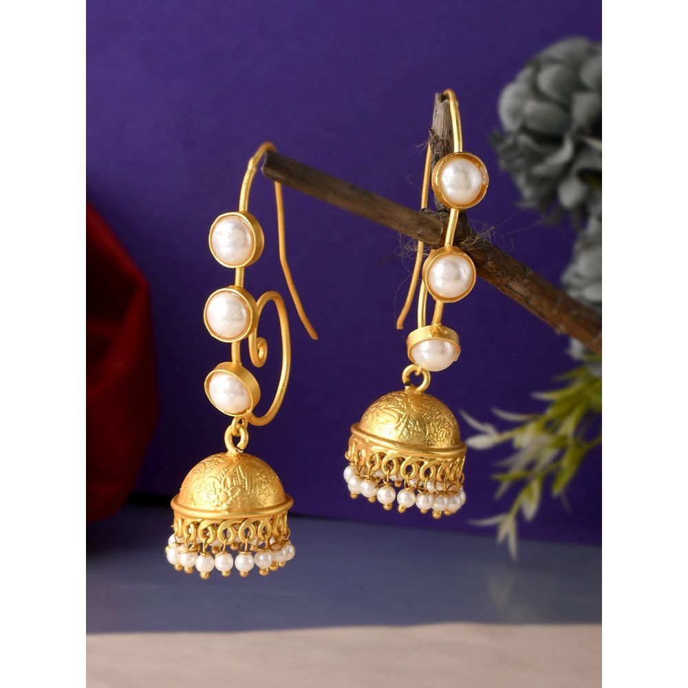 Silvermerc Gold Toned Pearl Beaded Long Dangle Jhumka Earrings