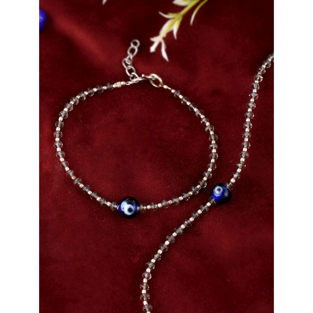 Silvermerc Silver Toned Grey Beaded Evil Eye Chain Anklet
